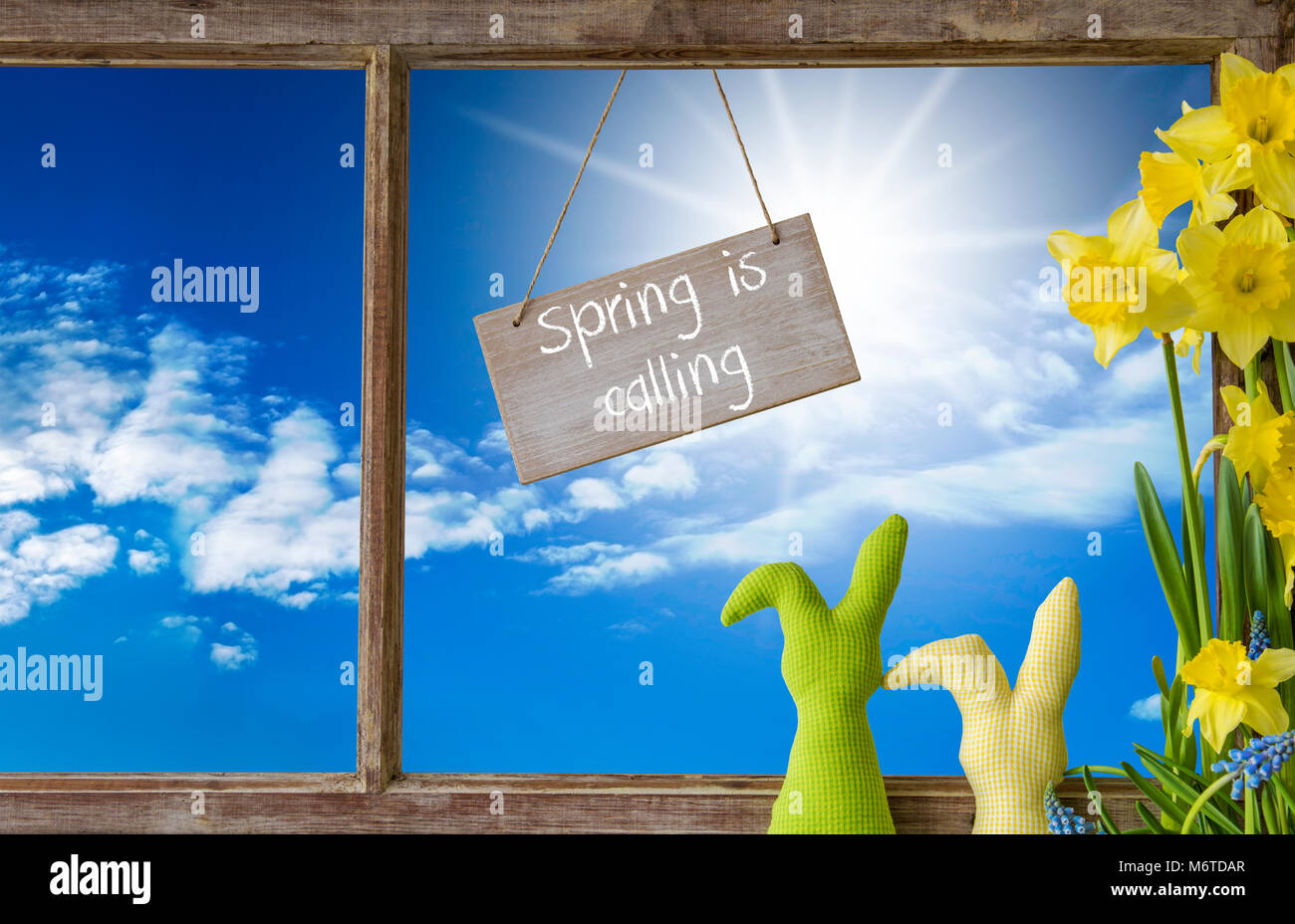 Sign With English Text Spring Is Calling. Window Frame With View To ...