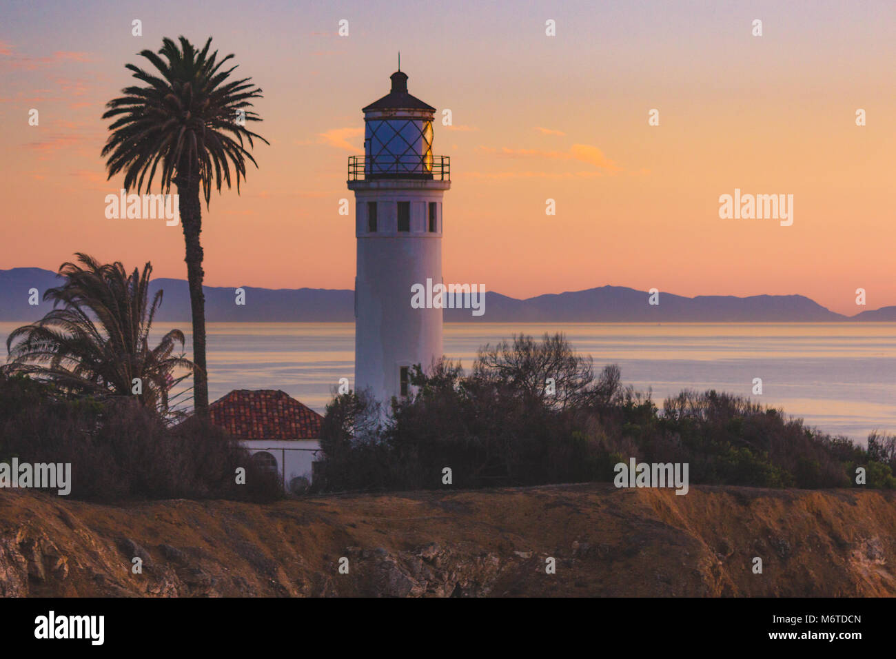 Beautiful coastal view of Point Vicente Lighthouse atop the steep ...