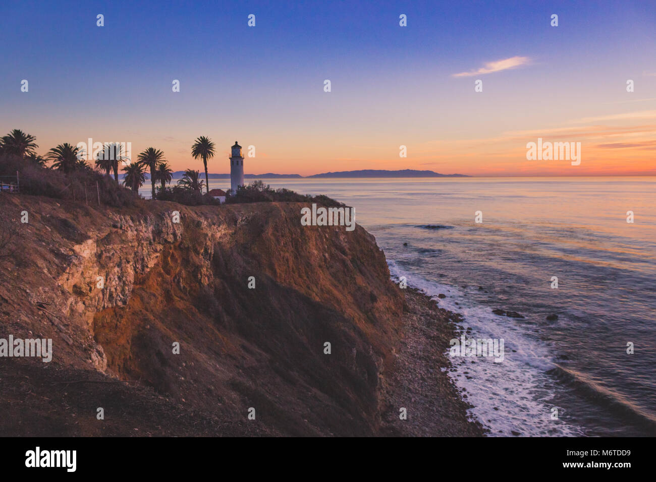 Beautiful coastal view of Point Vicente Lighthouse atop the steep cliffs of Rancho Palos Verdes ...