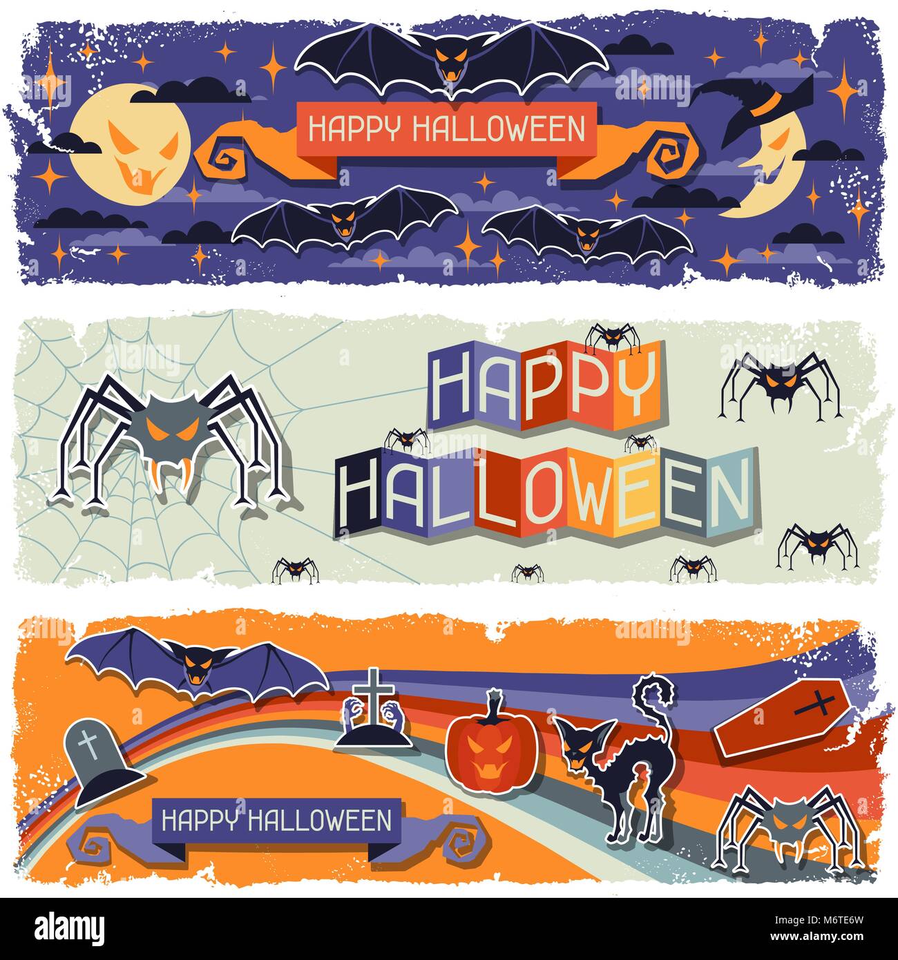 Happy Halloween grungy retro horizontal banners Stock Vector Image ...