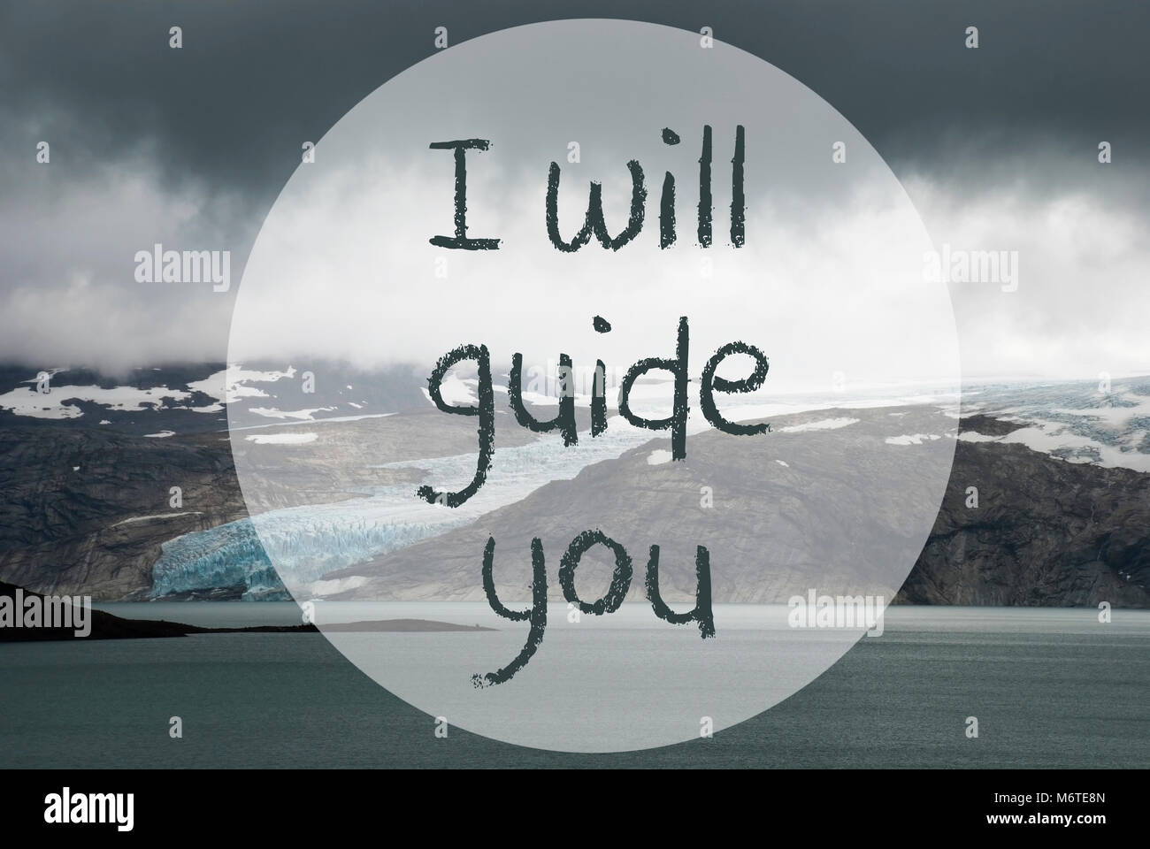 English Text I Will Guide You. Glacier With Lake In Norway. Dark Cloudy ...