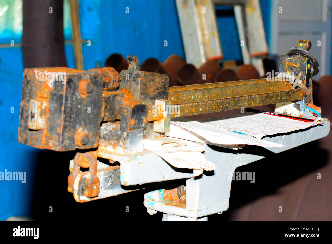 Old rusty scales for weighing weights at an abandoned and destroyed ...