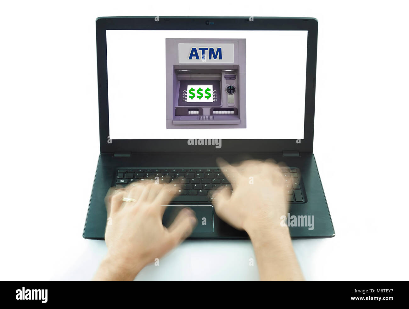 hands using laptop computer and ATM with dollar sign isolated. online ...