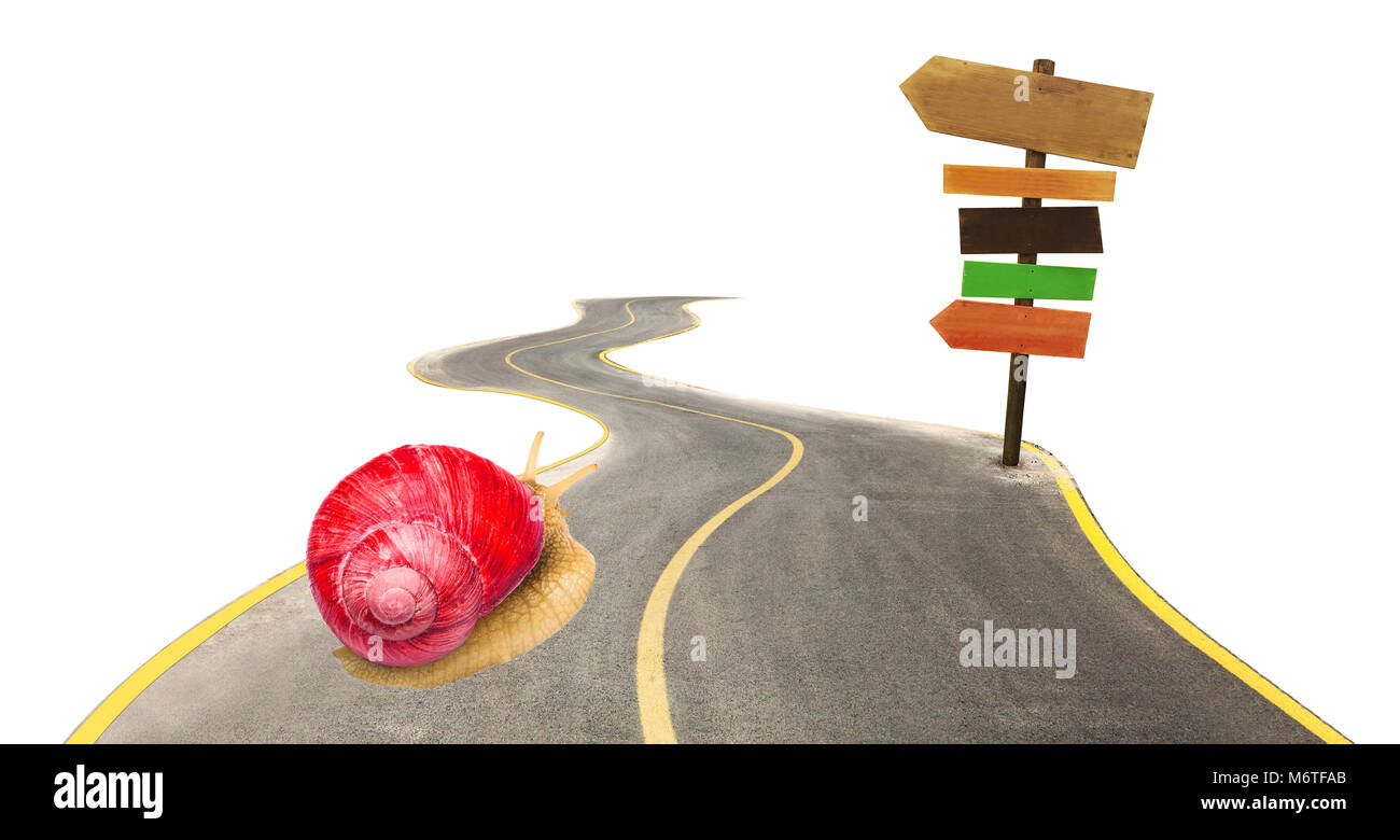 abstract concept of snail with red shell moving on the isolated highway ...