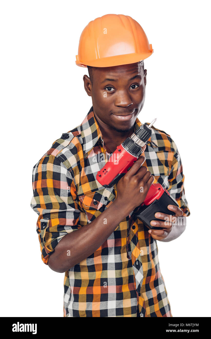 African American worker uses electric screwdriver Stock Photo - Alamy