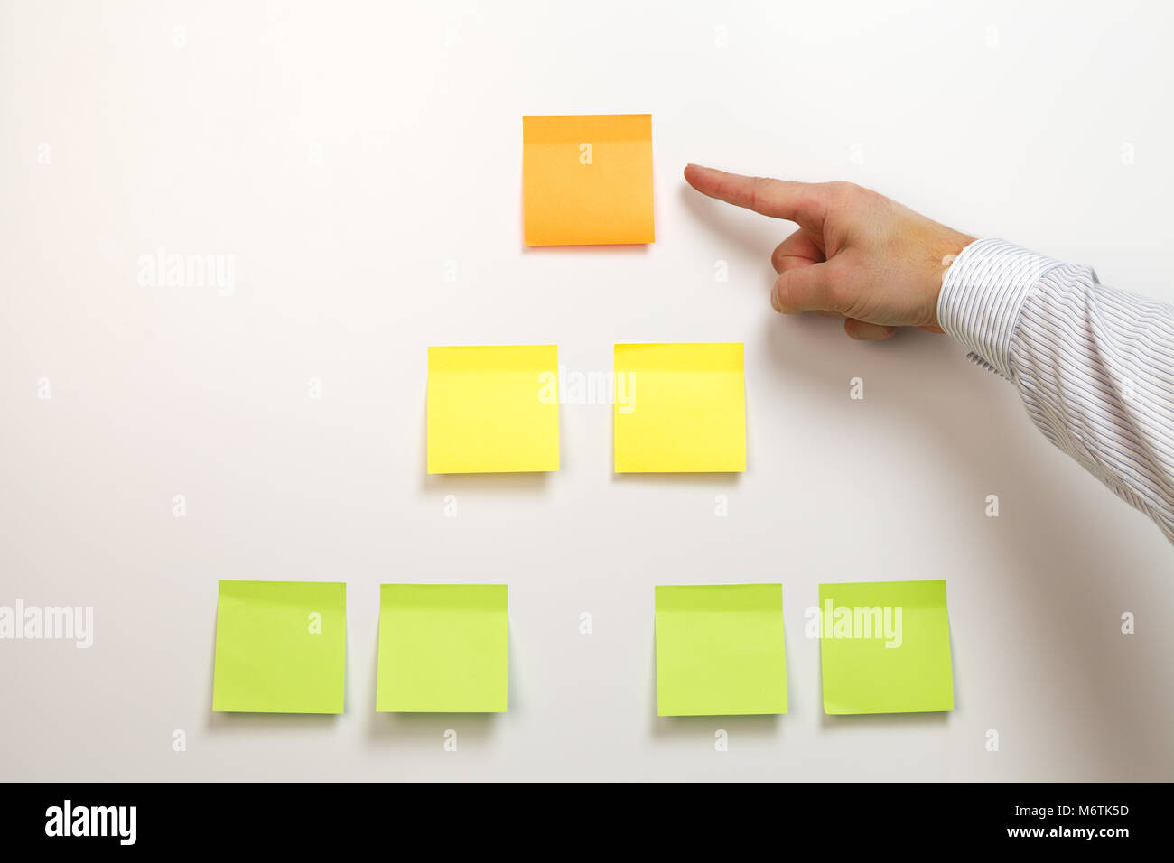 A male hand pointing on top of blank multicolored sticky notes pyramid ...