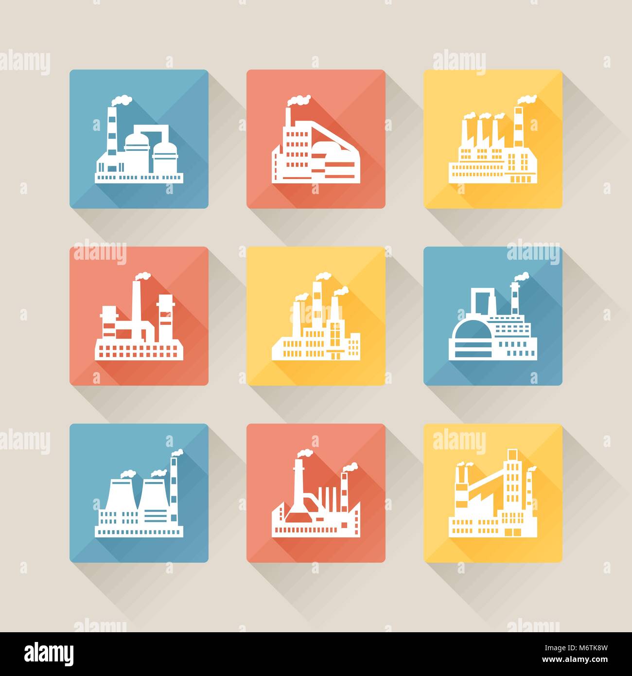 Industrial factory buildings icons set in flat design style Stock ...