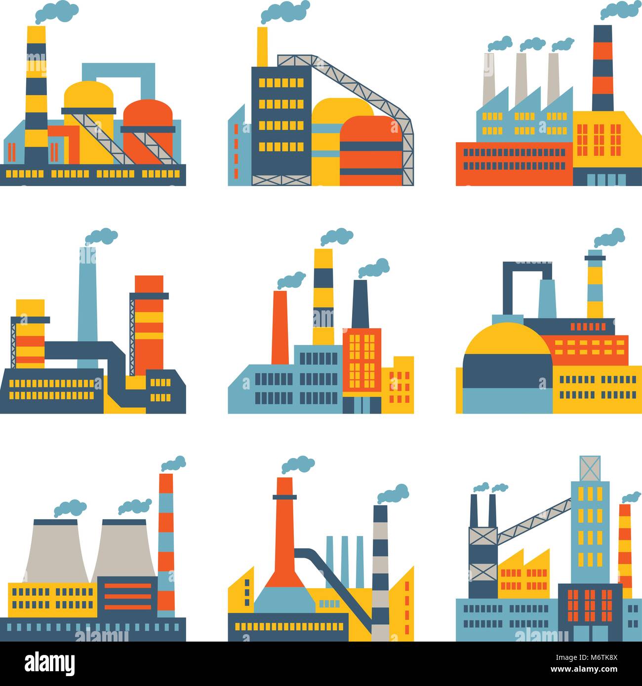 Industrial factory buildings icons set in flat design style Stock ...