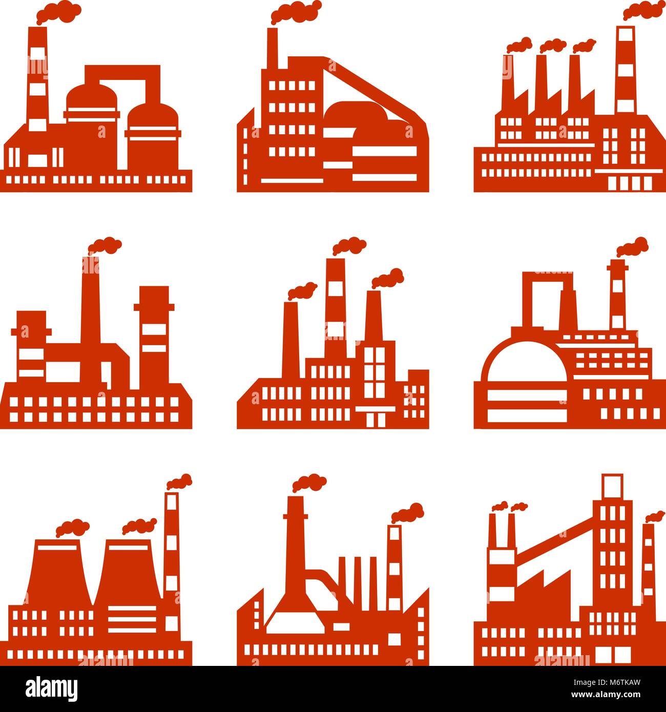 Industrial factory buildings icons set in flat design style Stock ...