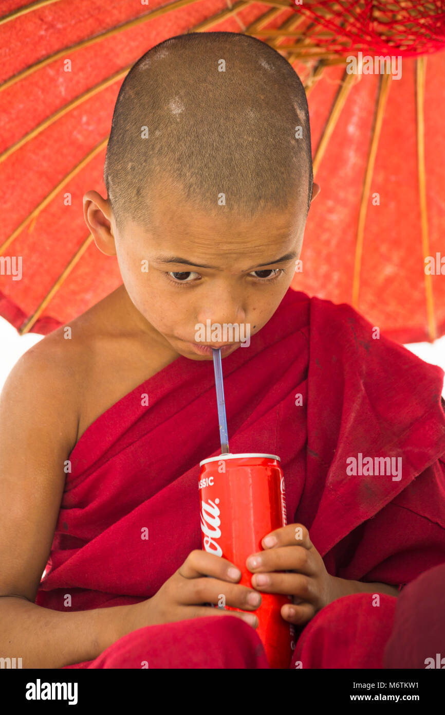 Young novice Buddhist monk drinking can of Coca Cola at Myatheindan ...