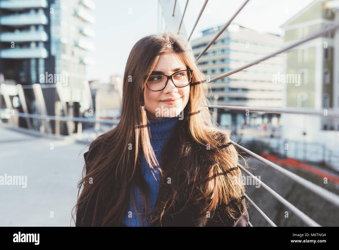 Portrait Young Woman Outdoor Back Light Looking Away Smiling