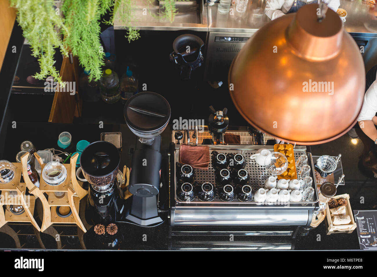 Top view of coffee bar with machine and device for make beverage full ...