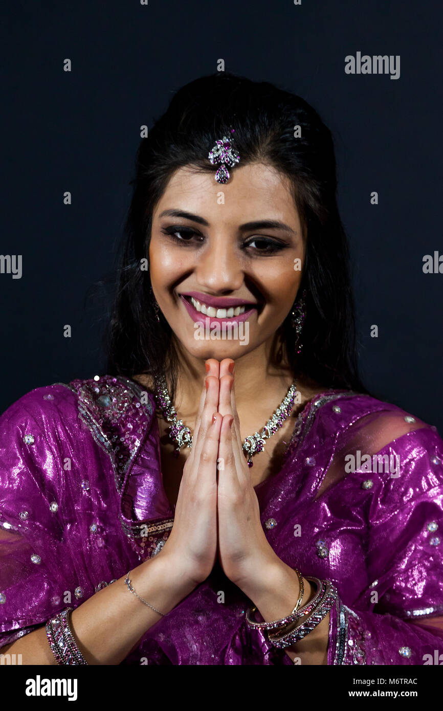 Portrait of smiling beautiful indian girl. young female model wears ...