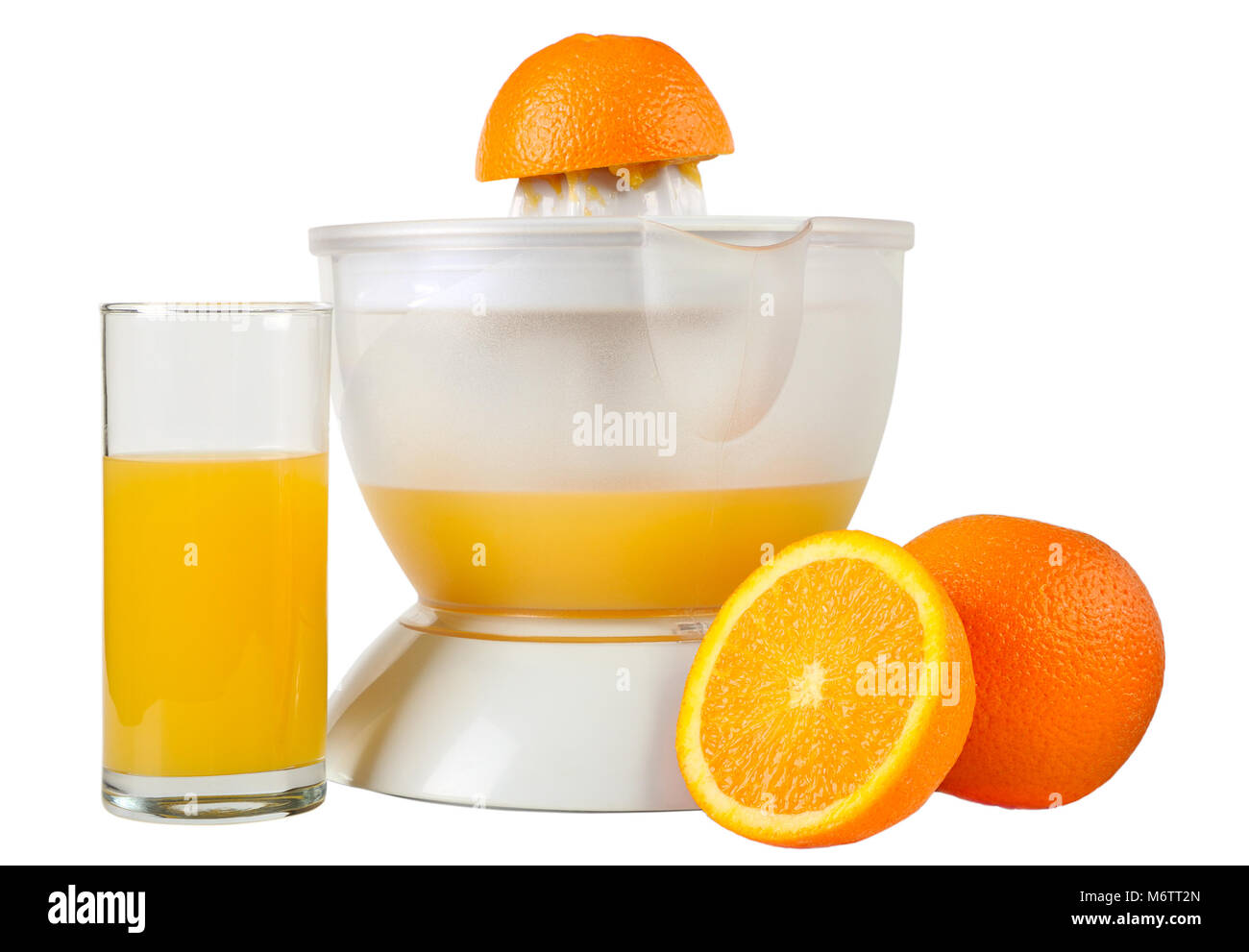 Oranges, juice extractor and glass of juice isolated on white Stock ...