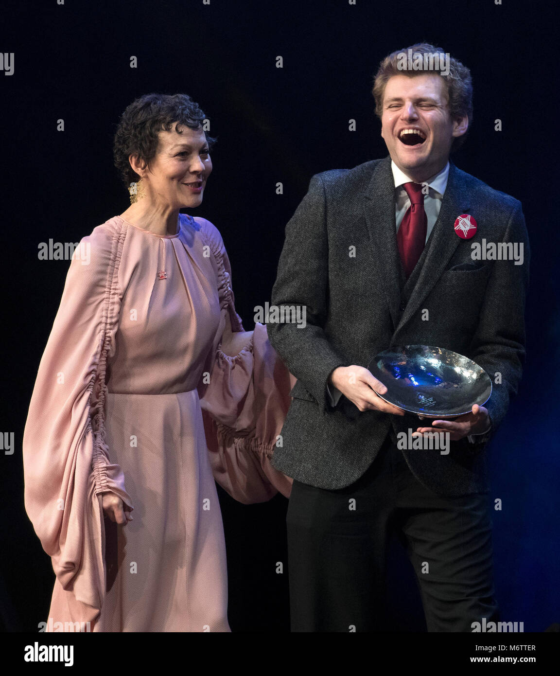 Enterprise Award winner Kyle Chivers on stage with Helen McCrory at the ...