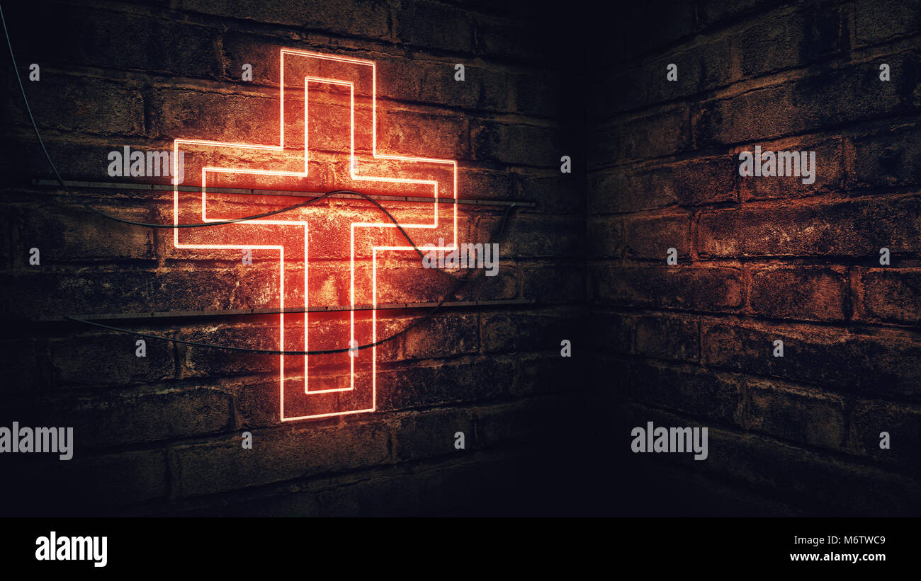 Christian Cross neon sign on church wall, 3d rendering illustration ...