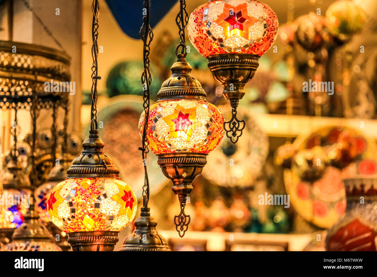 Traditional bright decorative hanging Turkish lamps and colourful ...