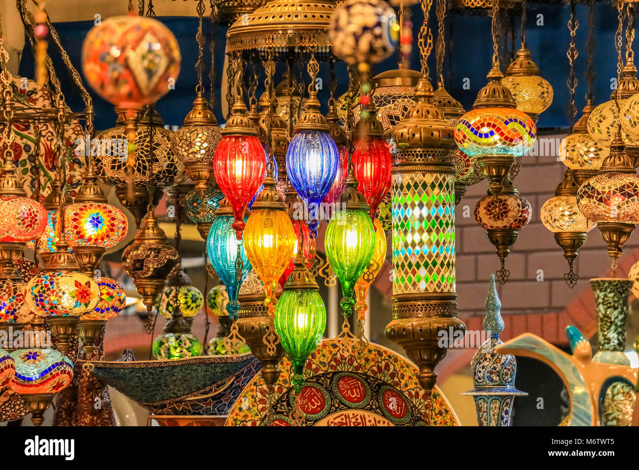 Traditional bright decorative hanging Turkish lamps and colourful ...