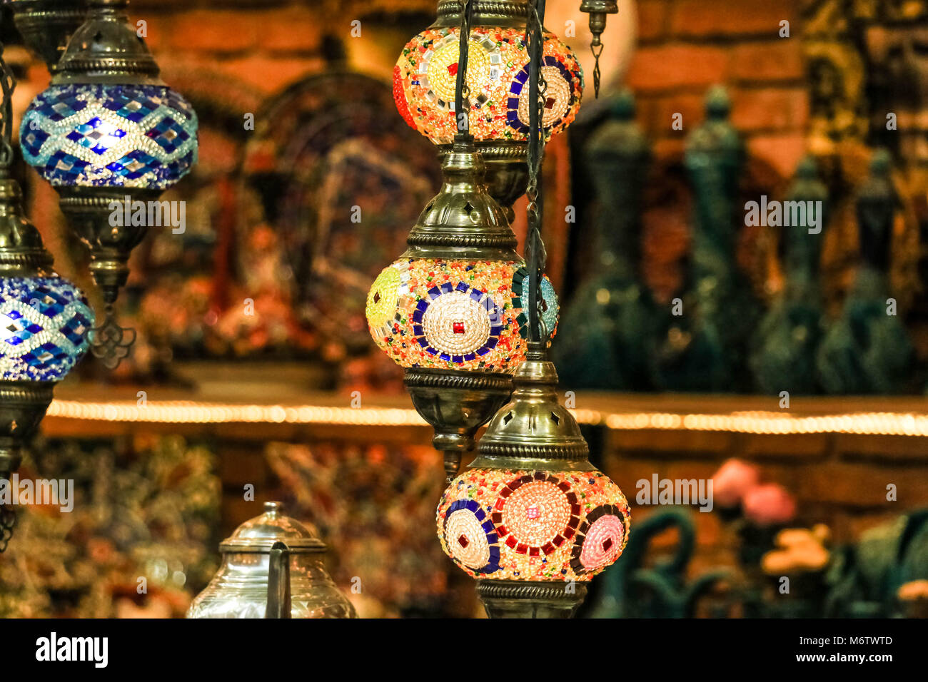 Traditional bright decorative hanging Turkish lamps and colourful ...