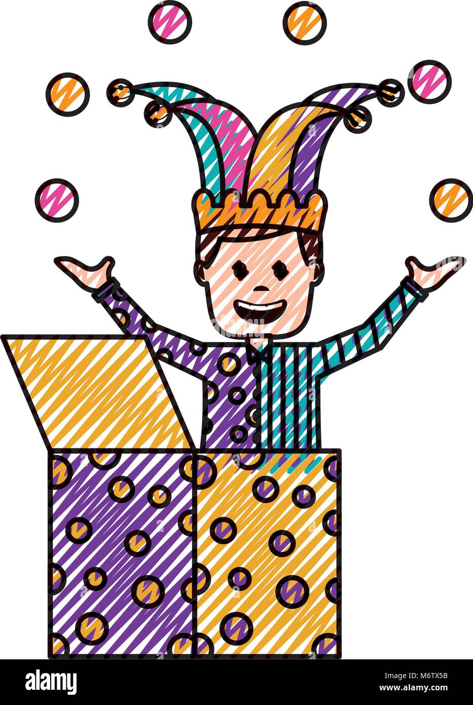 happy joker in the box with jester hat and balls trick vector ...
