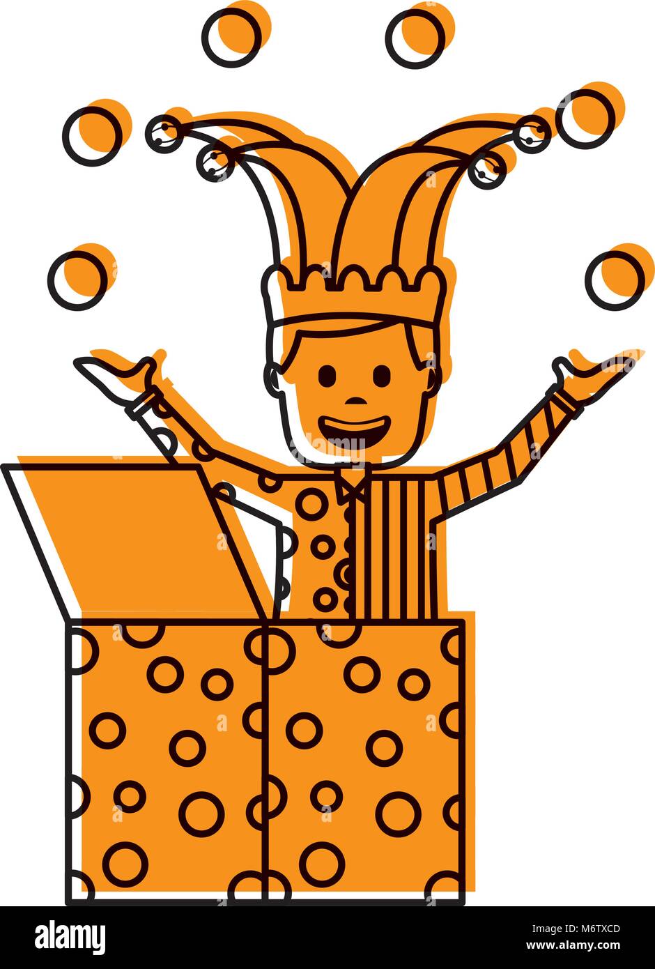 happy joker in the box with jester hat and balls trick vector ...