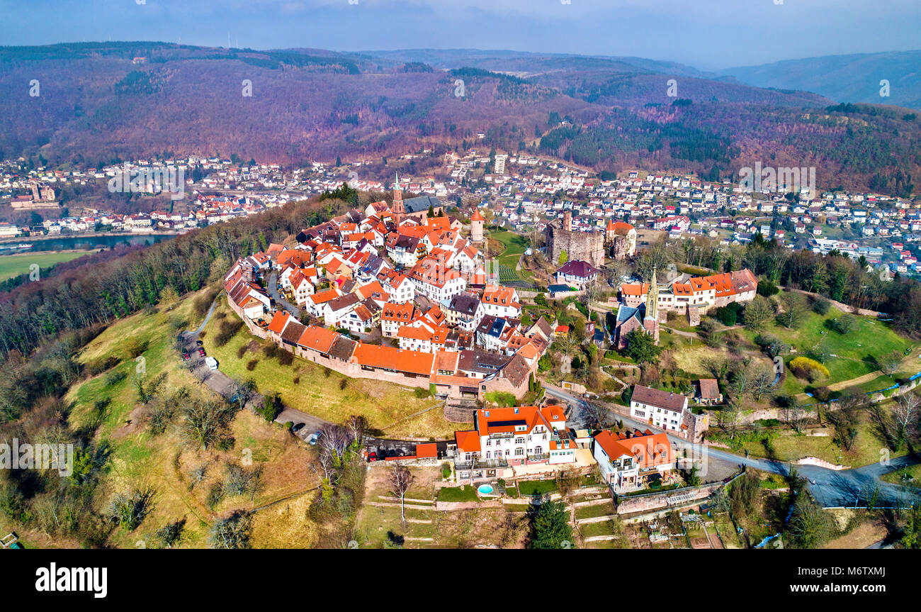 Aerial view of Dilsberg, a town with a castle on the top of a hill ...