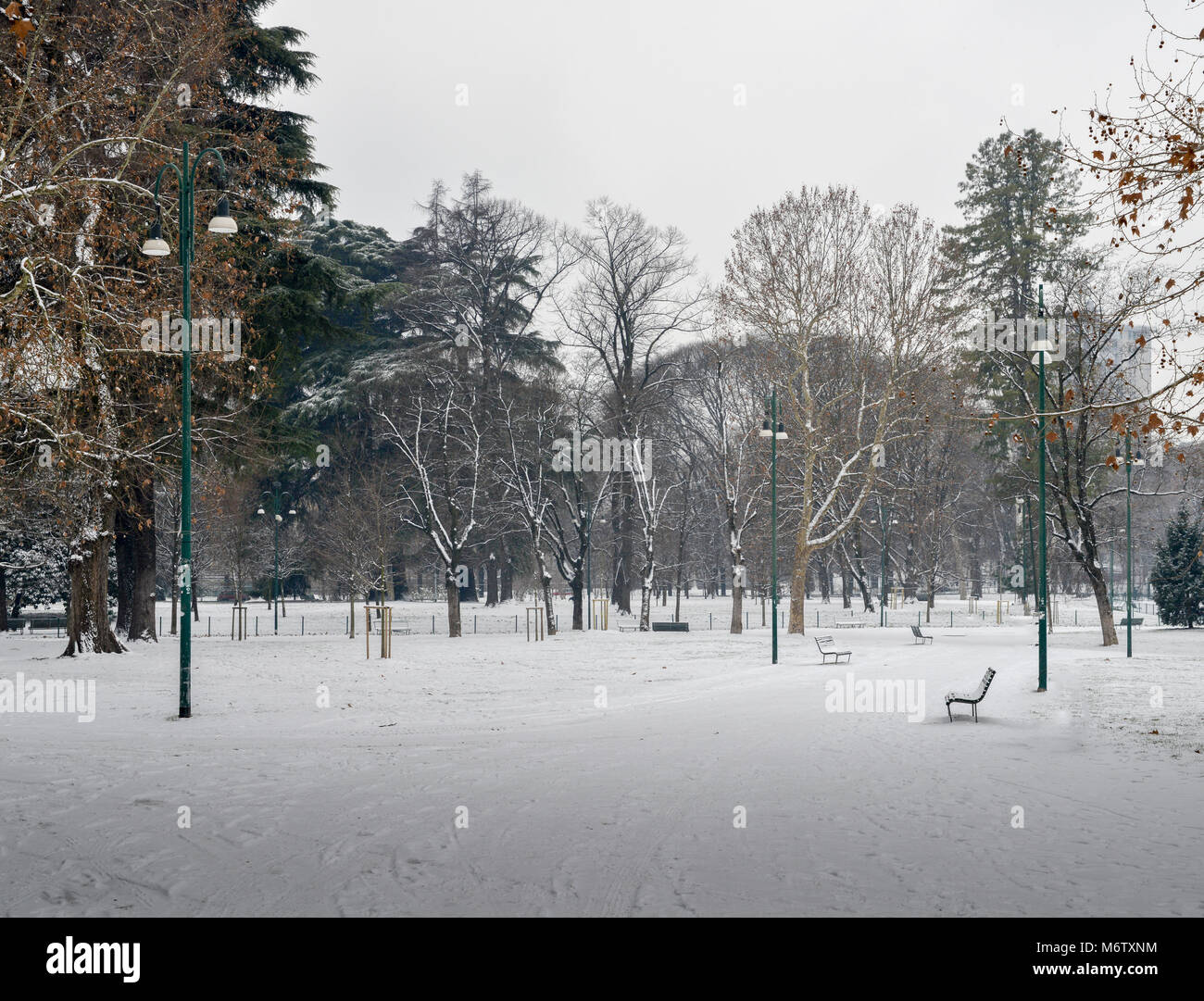 Empty park covered in snow with wooden benches Stock Photo - Alamy