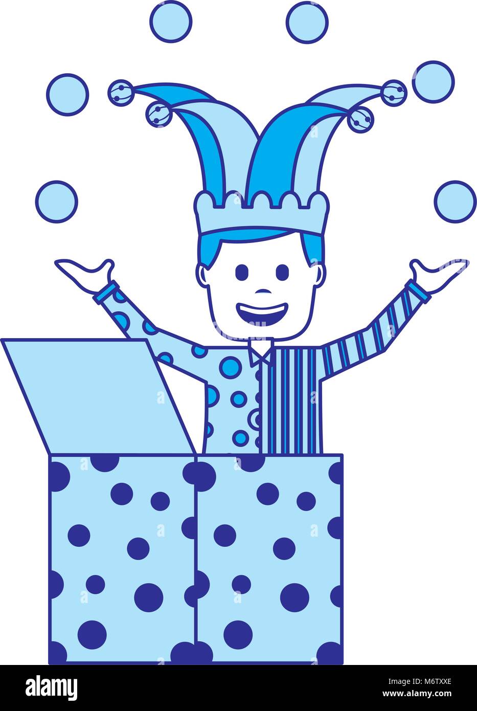 happy joker in the box with jester hat and balls trick vector ...