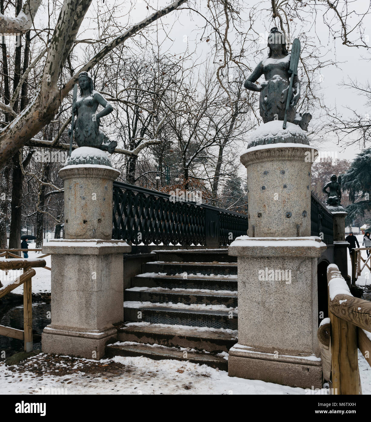 Mermaids bridge at Sempione Park in Milan, Italy. The four mermaid ...