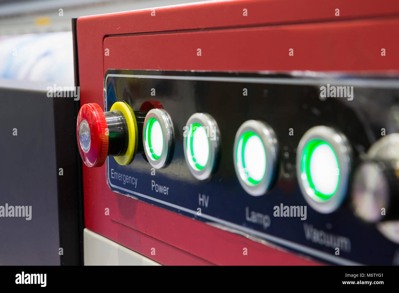 emergency stop button and control pannel Stock Photo - Alamy
