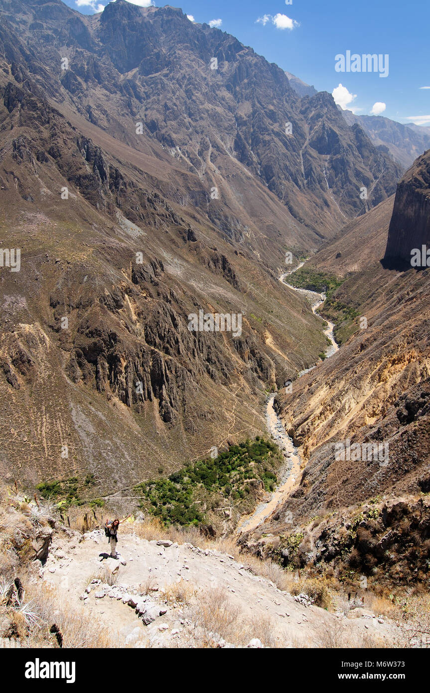 Tourist in the Peruvian high Andes on the trekking on the Colca canyon ...