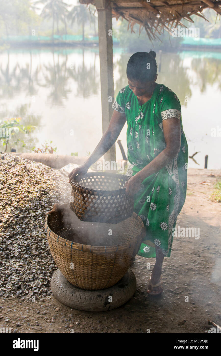 Indian woman straining boiling water from clams in Kumbalangi Village ...