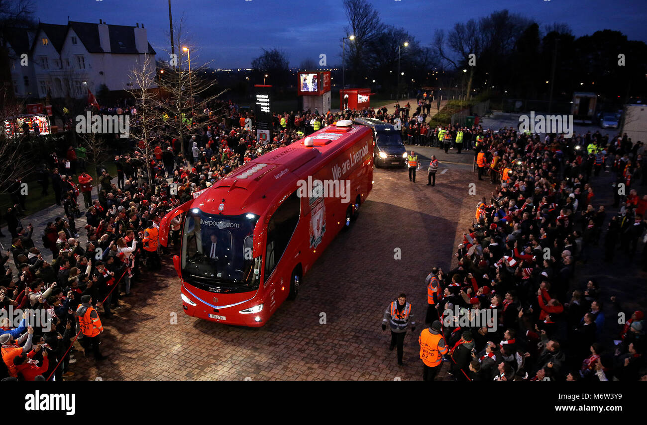 The Liverpool team bus arriving before the UEFA Champions League match ...