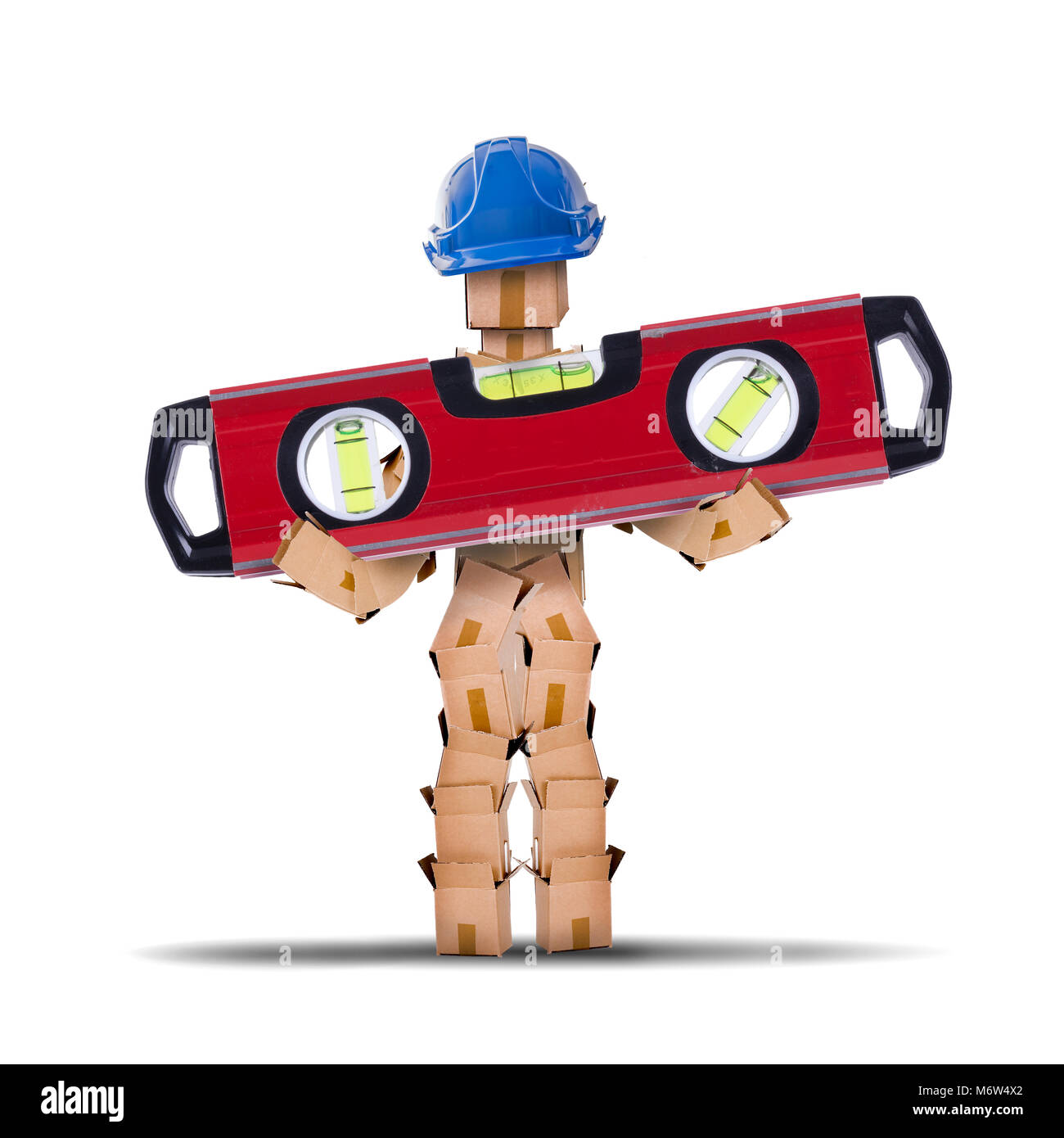 Box character digital character workman with hard hat and holding a ...