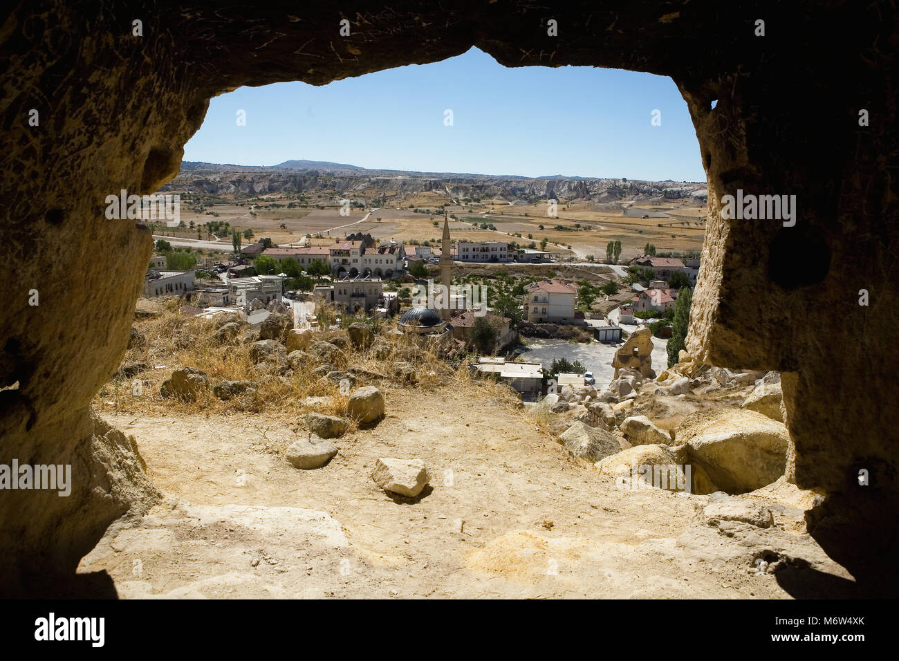 View from the cave to the mosque and the city of Chavushin. Turkey ...