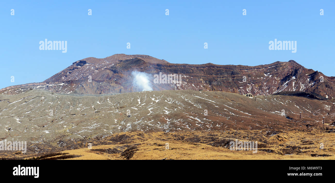 Mt. Aso volcano with the Nakadake crater spewing sulfur steam Stock ...
