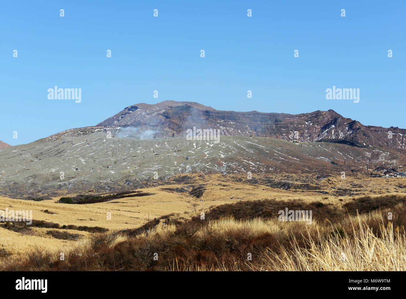 Mt. Aso volcano with the Nakadake crater spewing sulfur steam Stock ...