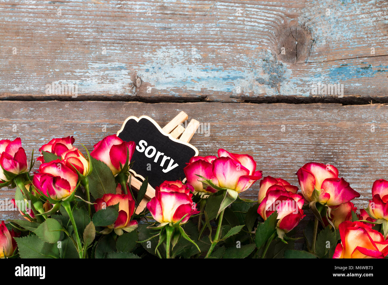 Text: sorry. Background with roses and chalkboard on wooden table. Top ...