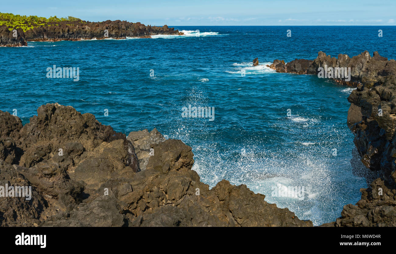 coastal view of the shore line with its black volcanic rocks and cliffs ...