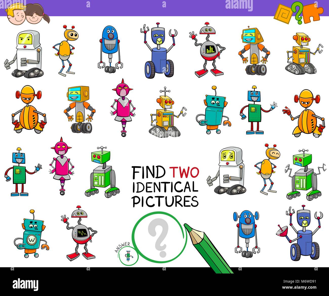 Cartoon Illustration of Finding Two Identical Pictures Educational Game ...