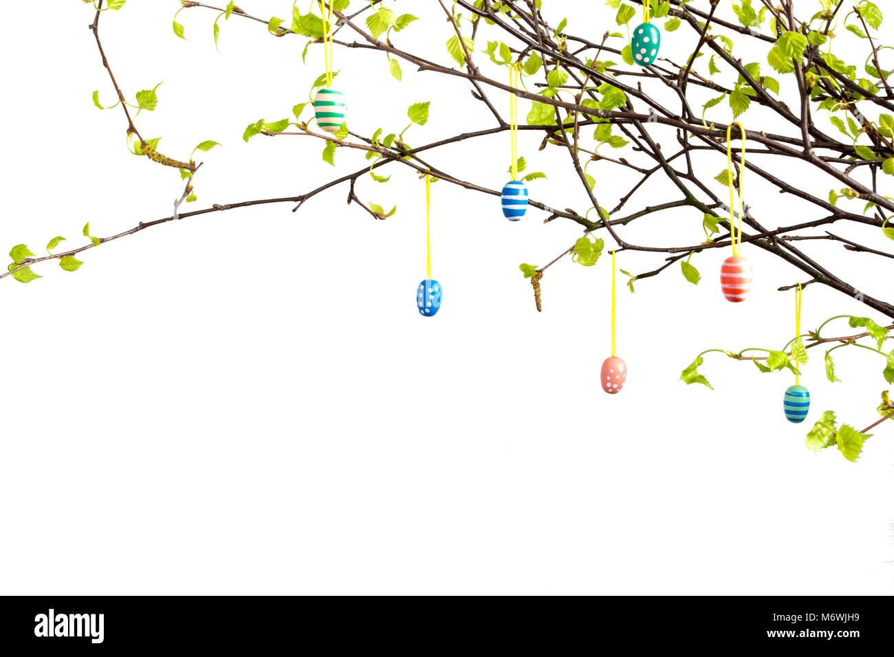 Branches of tree with hanging easter eggs isolated on white. Copy space ...