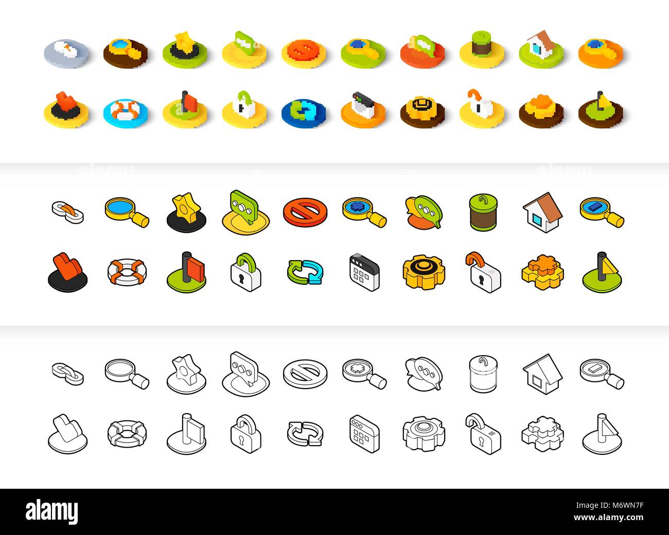 Set of icons in different style - isometric flat and otline, colored ...