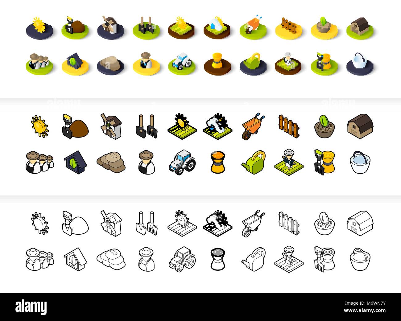 Set of icons in different style - isometric flat and otline, colored ...
