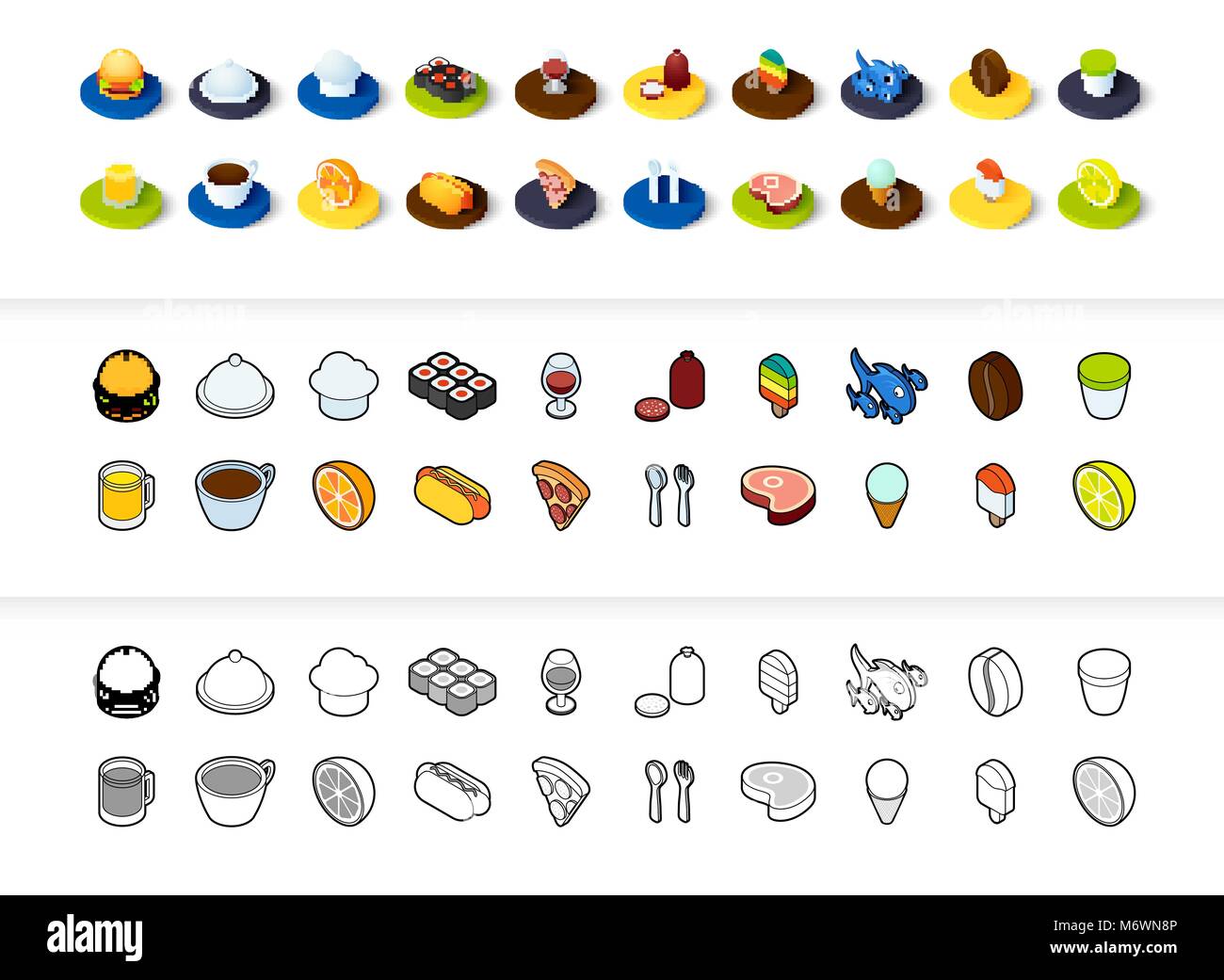 Set of icons in different style - isometric flat and otline, colored ...