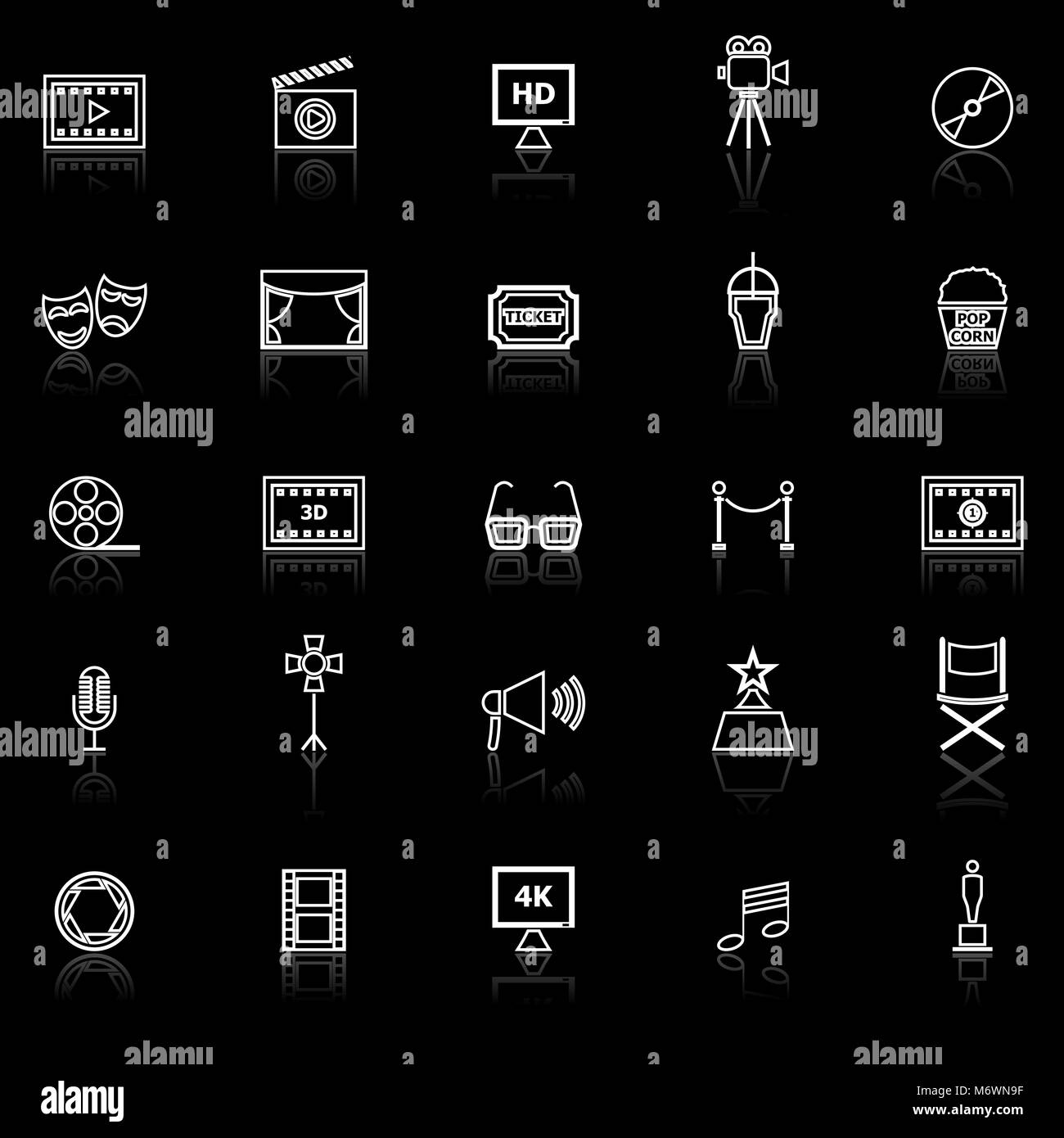 Movie line icons with reflect on black background, stock vector Stock ...