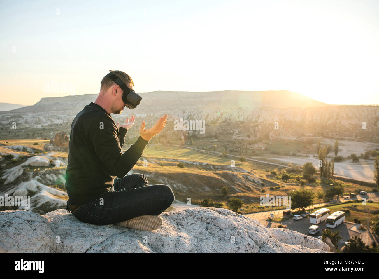 The man with glasses of virtual reality. Future technology concept ...