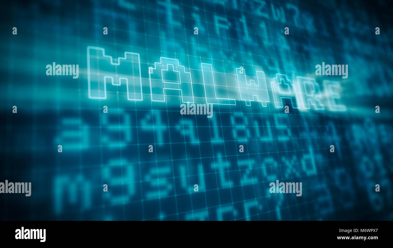 pixelated blue computer monitor with random text and the word: malware ...