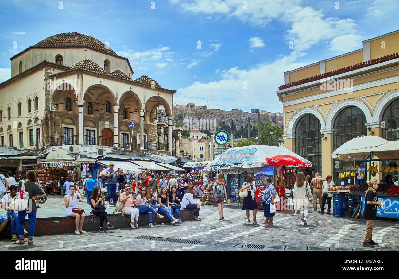 Europe, Greece, view of famous Monastiraki square crowded with people ...
