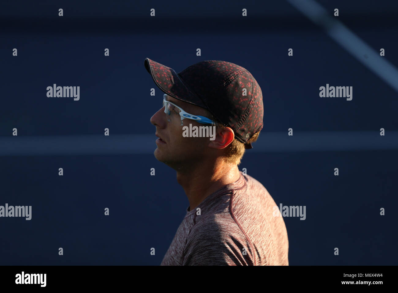 INDIAN WELLS, CA - MARCH 06: Peter Polansky of Canada watches the ...