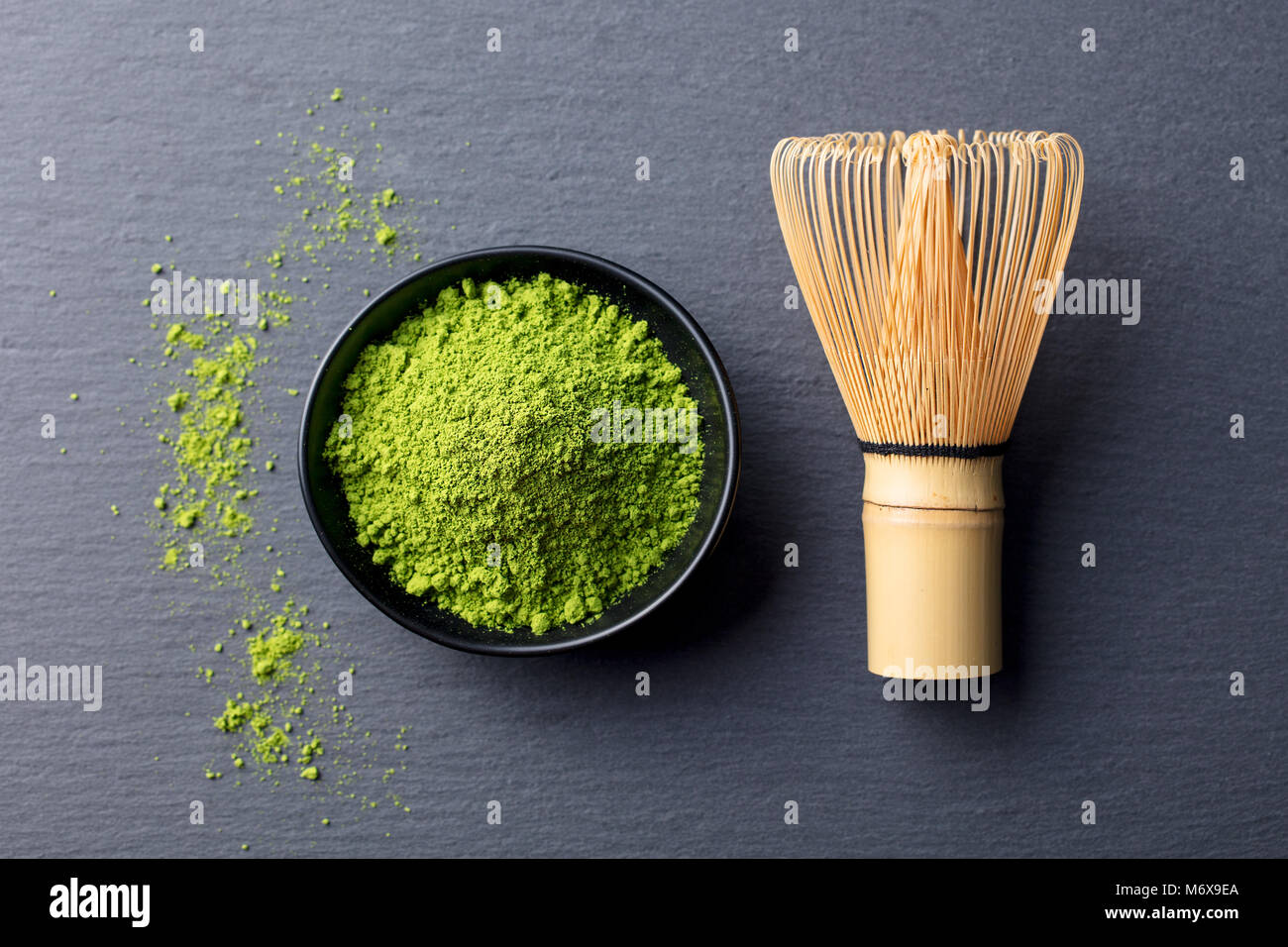Matcha, green tea powder in black bowl Top view Stock Photo - Alamy
